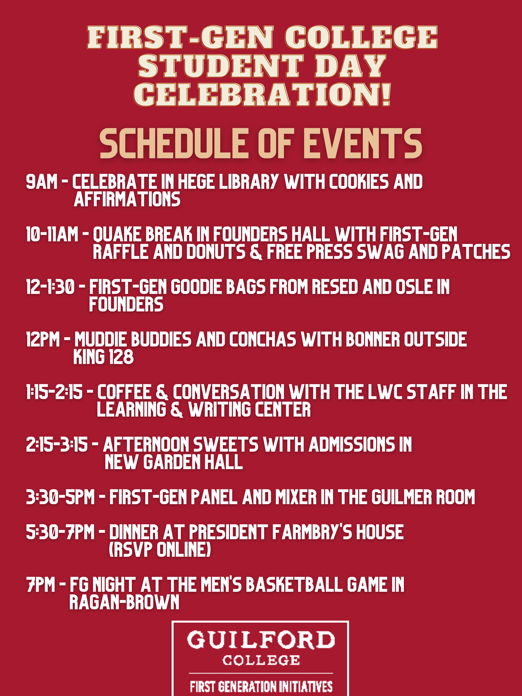 Guilford College First-Gen Celebration Schedule Flier | Guilford College